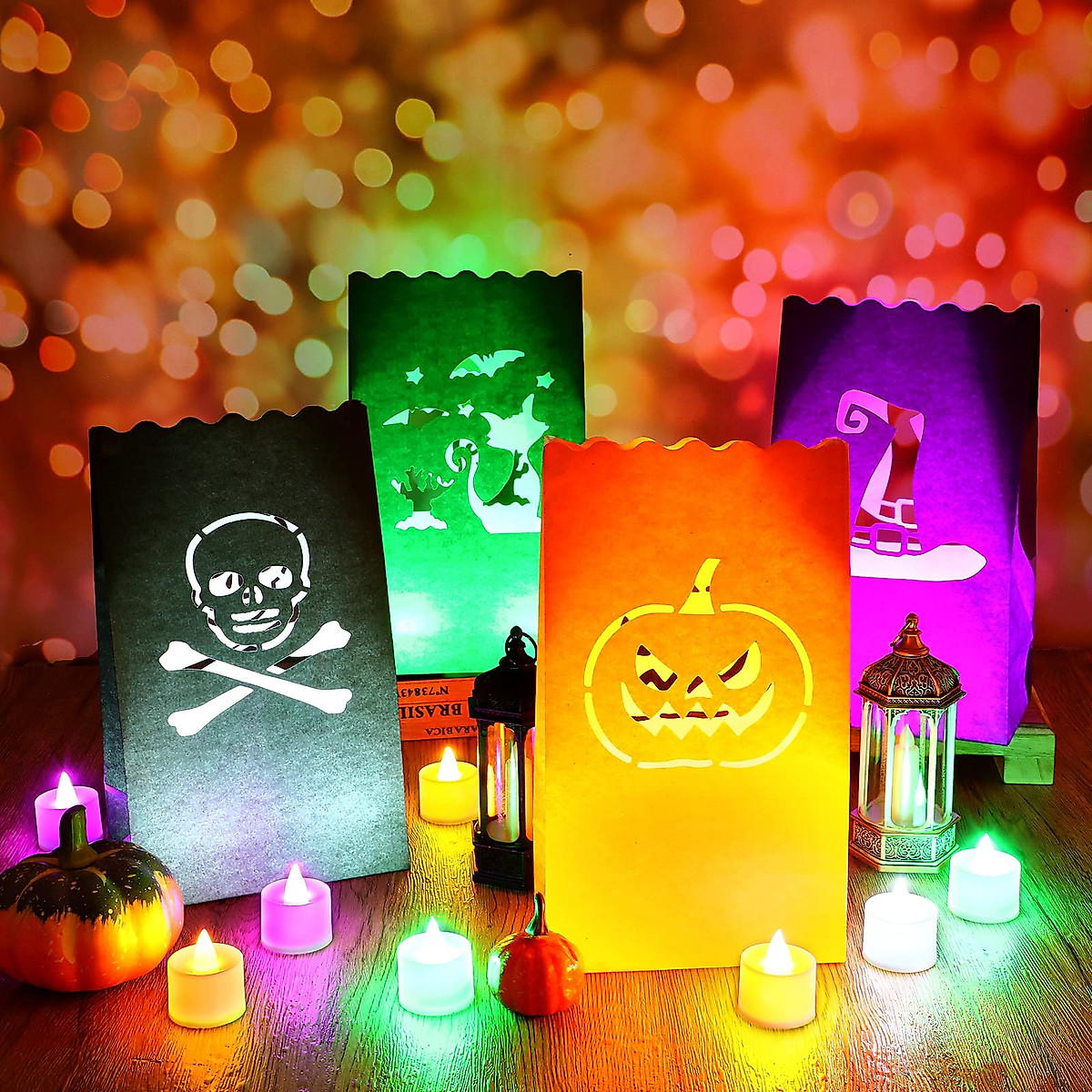 Meanplan 48 Pcs Halloween Luminary Bags with LED Light Candles Set 24 Pcs Luminary Candle Bags 24 Pcs LED Tealight Candles Ghost Lantern Bags for Halloween Outdoor Indoor Patio Decorations (Novel)