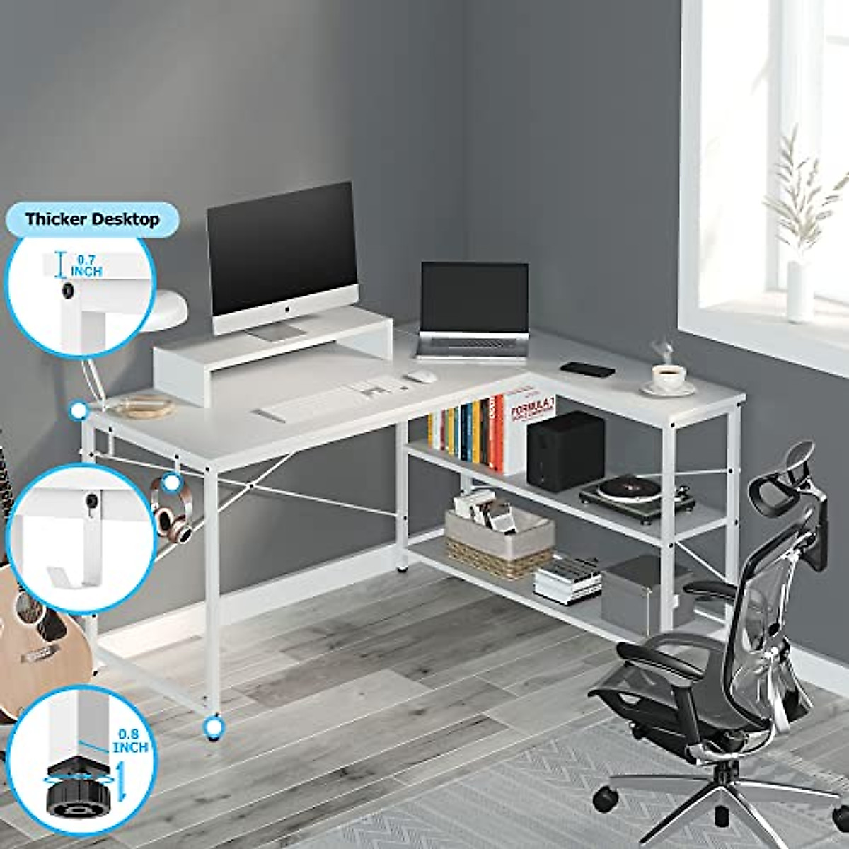 L-Shaped Desk with Storage Shelves, Computer Desk with Monitor Stand Study Writing Table Workstation, Easy to Assemble, White