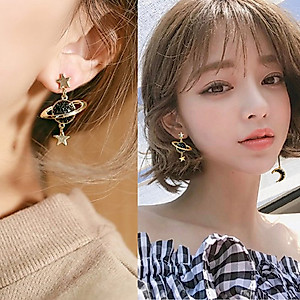 Moon And Star Dangle Earrings For Women Sterling Silver Hypoallergenic Sensitive Ears Unique Chic Kpop Asymmetry Design Boho Cubic Zirconia Planet Drop Earrings Jackets (Black)