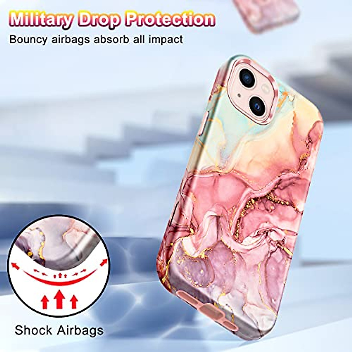 CASEFIV Compatible with iPhone 13 Case, Marble Pattern 3 in 1 Heavy Duty Shockproof Full Body Rugged Hard PC+Soft Silicone Drop Protective Girls Women Cover for iPhone 13 6.1 inch 2021, Rose Gold