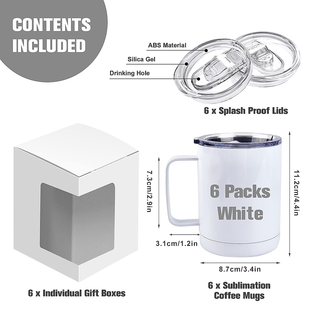 BetterSub 12oz Sublimation Tumbler Mugs with Handle and Sliding Lid, Display Box, Stainless Steel Coffee Camping Mugs Double Wall Vacuum Insulation Sublimation Blank, 6 Packs White