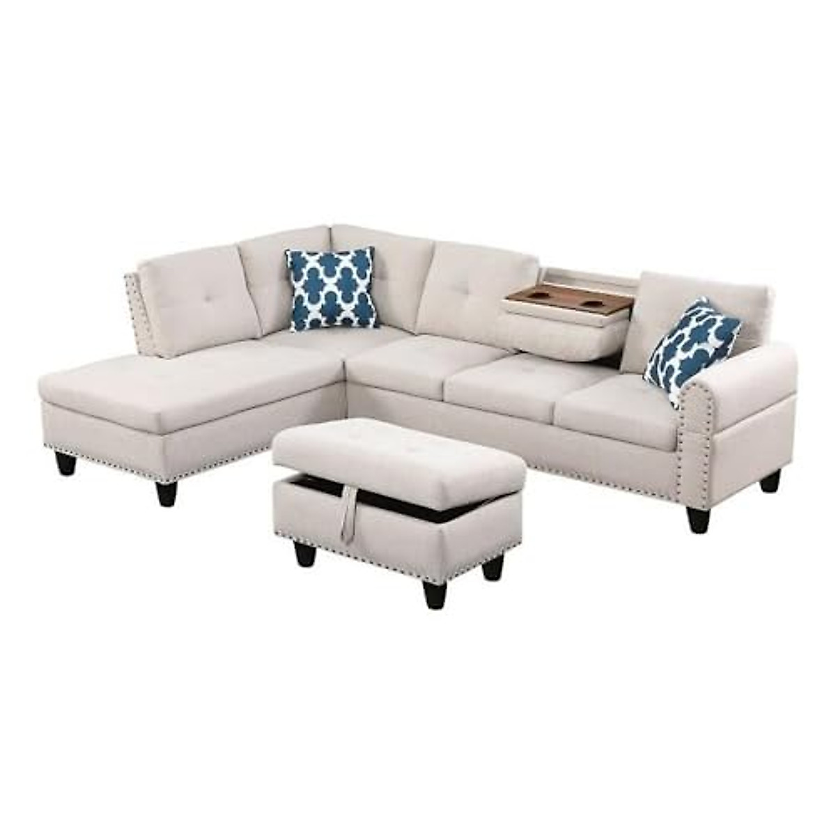 Devion Furniture Polyester Fabric Sectional Sofa with Lift-top Storage Ottoman, Tufted Design, in Beige Finish