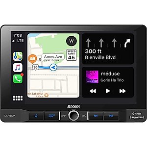 Jensen CAR910X Multimedia 9" Receiver with Apple CarPlay and Android Auto, 1024x600 Resolution, 500 cd/m2 Brightness, 500:1 Contrast Ratio, Back-up Camera Input, Front and Rear USB Inputs