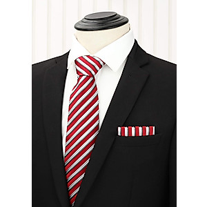HISDERN Mens Ties Extra Long Ties for Men Big and Tall Red Striped Necktie and Pocket Square Set 63 Inch XL Silk Neckties Collection Handkerchief