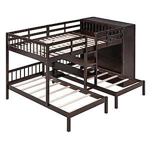 RORIGAT Full Over Twin&Twin Triple Bunk Bed with Large Wardrobe, Drawers and Shelves Storage, Wooden L-Shaped Bunkbed Frame w/Mirror for 3 Kids Teens Adults Bedroom, Full/Twin/Twin,Espresso