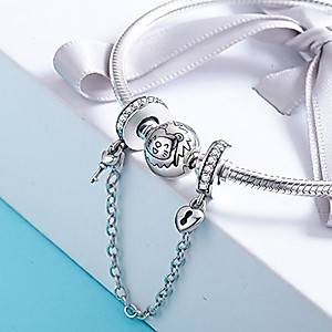 925 Sterling Silver Safety Chain Charm Bead Love Heart Flower Snowflake Bow Clear CZ Crystal Stopper Lock Clip Beads(C)