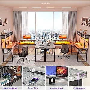 Unikito U Shaped Computer Desks with Hutch, 106 Inch Large Reversible L Shaped Office Desk with Power Outlets and LED Strip, U Shape Gaming Table with Monitor Stand and Storage Shelves, White Oak