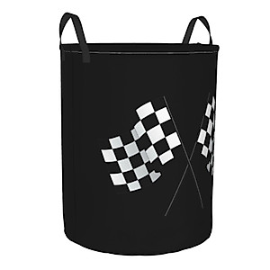 Checkered Flags Race Car Flag Laundry Basket Laundry Basket with Handle Waterproof Round Oxford Cloth Laundry Basket Storage Basket