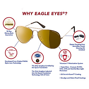 Eagle Eyes CLASSIC AVIATOR Sunglasses - Stainless Steel Frame (Gold, 57mm), Polarized Lenses