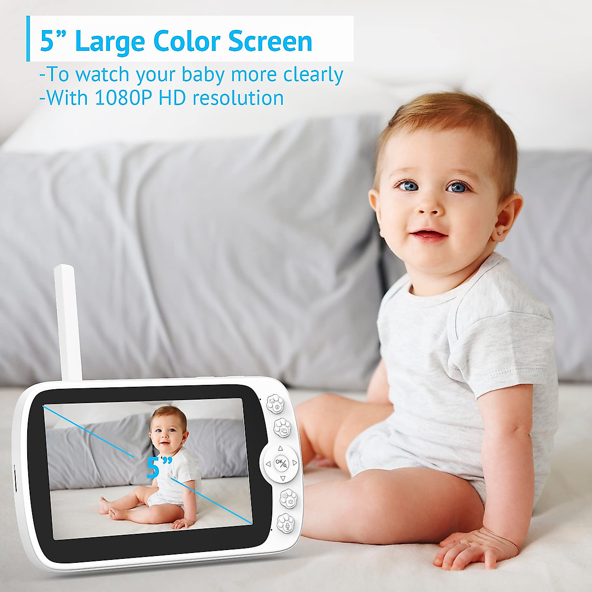 LaView 5" Color LCD Screen Baby Monitor with Mount,1080p HD Baby Monitor with Camera and Audio, Pan-Tilt Baby Camera Monitor,Infrared Night Vision,Two-Way Talk,Lullabies and Room Temperature