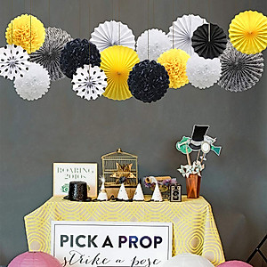 Yellow White Black Hanging Paper Party Decorations, Round Paper Fans Set Paper Pom Poms Flowers for Bee Baby Shower Decorations Batman Birthday Party