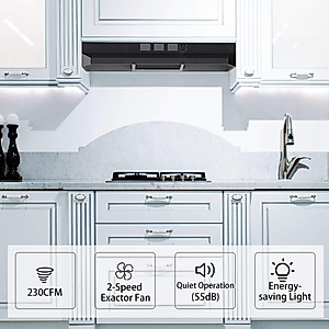 SNDOAS Range Hood 30 inch Under Cabinet, Ducted/Ductless Convertible Kitchen Hood, Stainless Steel Vent Hood with LED Light,Under Cabinet Hood with 2 Speed Exhaust Fan,Black