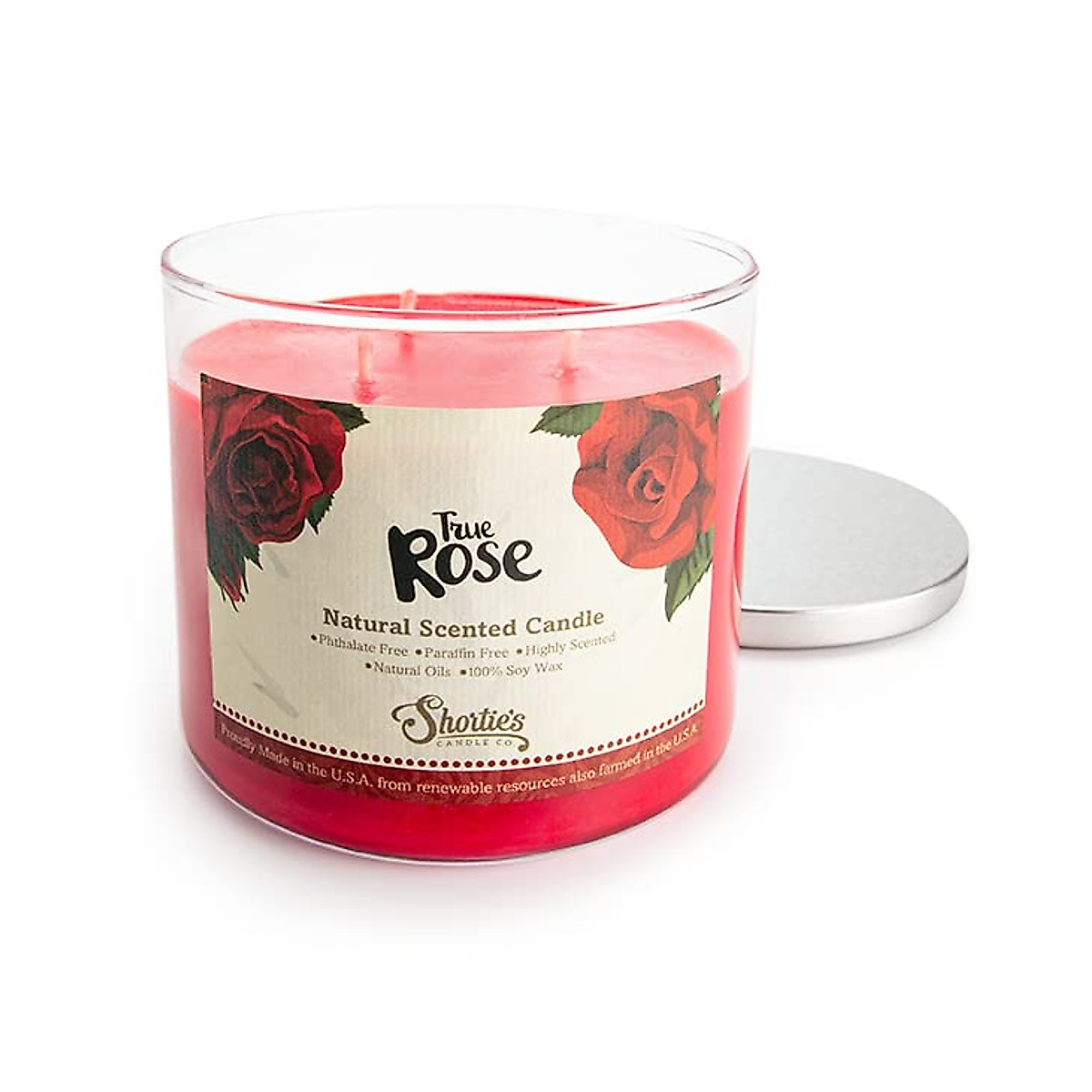 True Rose Highly Scented Natural 3 Wick Candle, Essential Fragrance Oils, 100% Soy, Phthalate & Paraben Free, Clean Burning, 14.5 Oz.