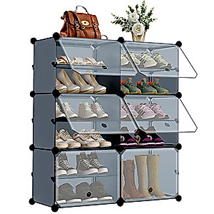 UNZIPE Shoe Rack Cabinet, 6 Tier Shoe Storage Organizer for Entryway 24 Pair Plastic Shoe Shelves DIY Freestanding Shoe Tower Rack for Closet Bedroom Hallway, Portable Storage Cubes with Doors,Grey