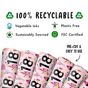 CENTRAL 23 Girls Wrapping Paper Birthday - 6 Sheets of Pink Gift Wrap - 18th Birthday Wrapping Paper for Women Her Friends - For Daughter - Age 18 - Comes with Fun Stickers