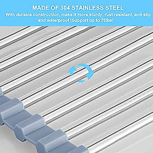 Seropy Roll Up Dish Drying Rack Over The Sink for Kitchen Organizer Rolling Dish Rack Over Sink Mat, Foldable Dish Drainer Stainless Steel Sink Rack Kitchen Organization Gadgets Gray and Black