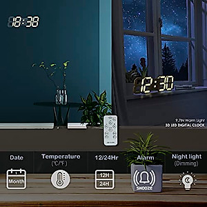 KOSUMOSU Digital Clock 3D LED Wall Clock 9.7" Bedside Clock for Bedroom Living Room Office Classroom Night Light Auto/Custom Brightness, Temperature, Remote Control (Warm Light)