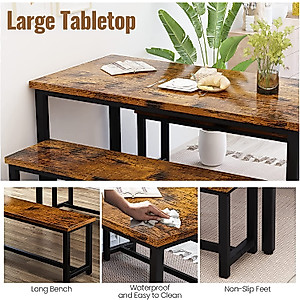 LinkRomat Dining Room Table Set with 2 Benches, Farmhouse Dining Table Set for 4-6, Wood Breakfast Table Set Dinner Table Set Kitchen Table and Chairs for Breakfast Nook Small Spaces, Brown