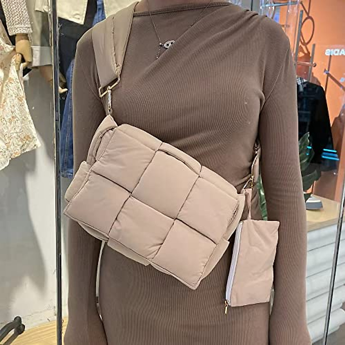 NAARIIAN puffer woven shoulder bag padded cassette handbag with coins organizer nylon light weight women crossbody purse(Khaki)