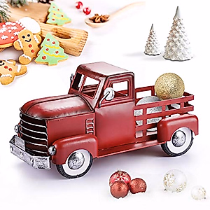 Pylemon Vintage Red Truck Christmas Decor with a Lit-up Removable Christmas Tree Wrapped Around by LED Lights String, Farmhouse Metal Pickup Truck Decor, Great Gift for Holiday Decorations