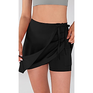 ODODOS Wrap Skorts for Women Built-in Shorts High Waist Tennis Skirts with Pockets for Casual Athletic Golf, Black, Large