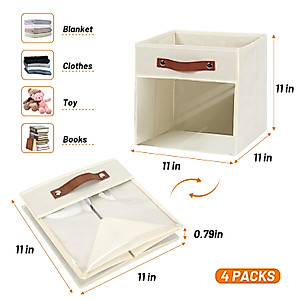 HNZIGE 11 Inch Cube Storage Bin for Storage Organizer,Shelf Fabric Storage Bin for Cube Organizer, Canvas Clear Cube Storage Bins,Collapsible Cubby Decorative for Cube Storage Cloth Home(Cream 4 PCS)