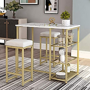 SIYAHOME Table & Chair 3-Piece Modern, Artificial Dining Table Set with Faux Marble Countertop and Bar Stools and 2 Eextra Thick Cushions for Cafe, Pub, Club, White + Gold
