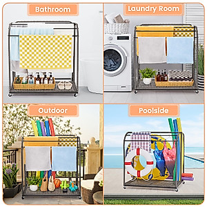 TROPOW Pool Towel Rack,Outdoor Pool Storage with Rattan Base and 5 Towel Bars,Pool Float Storage with Compartments, Store Swimming Rings, Buoys, Pool Floats, Suitable for Outdoor/Indoor