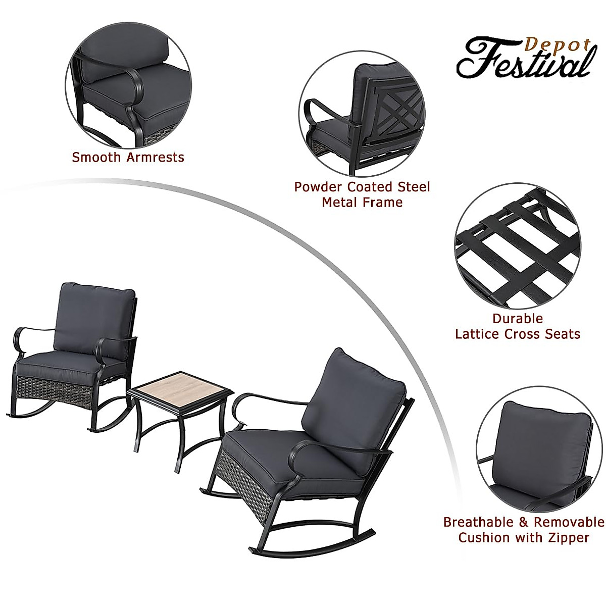 Festival Depot PE Wicker Rocking Chair Set, Patio Bistro Set, 3 Pieces Outdoor Furniture, Conversation Sofa Set of 2 Armchairs & Coffee Table with Removable Cushion All Weather Casual Craft Cozy Small
