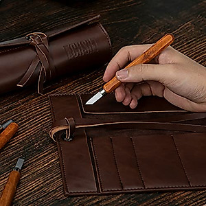 ECHSRT Leather Pencil Case Roll Up Bag Pencil Pouch Wrap Foldable Tool Roll Supplies Art Stuff Organizer Vintage Gift for Office Artist Adults, Brown