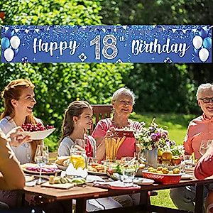 Happy 18th Birthday Banner Balloons Gift Crystal Glittery Stars Confetti Theme Decor Decorations for Men Women 18th Birthday Party Cheers to 18th Years Party Bday Supplies Silver and Blue Backdrop
