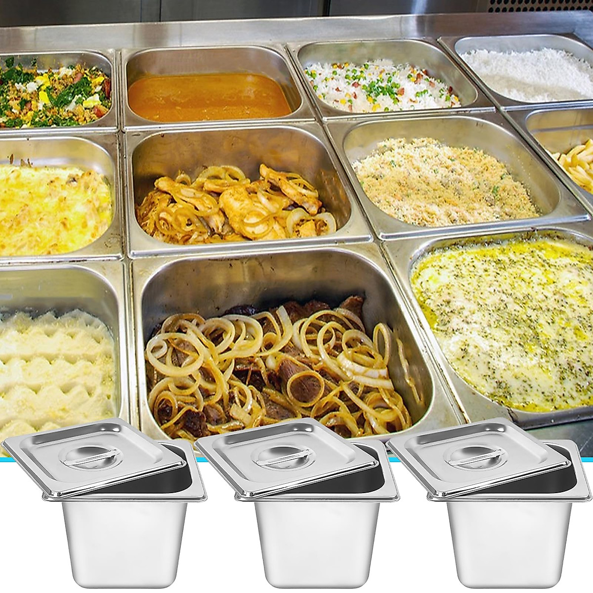 6 Pack Stainless Steam Hotel Pans 1/6 Size 6 Inch Deep With Lids, Anti-Jam Hotel Pans, Chafing Steam Table Pans for Hotel Restaurant Buffet Party Supplies