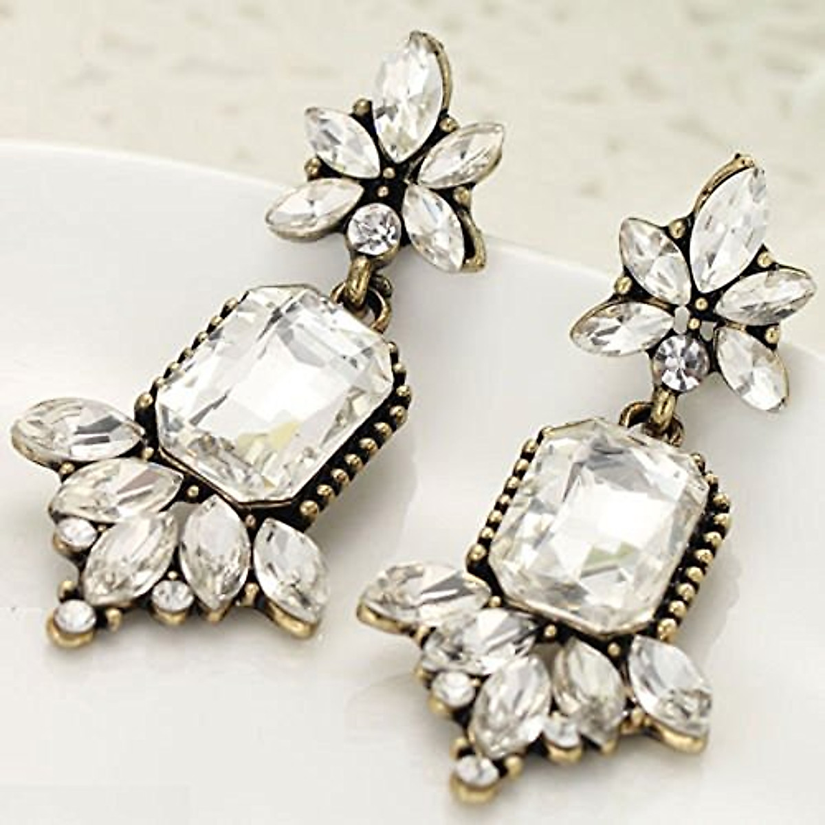 Gold Tone Art Deco Antique Vintage Retro 20s 30s Flapper Style Rhinestone Wedding Bridal Prom Earrings