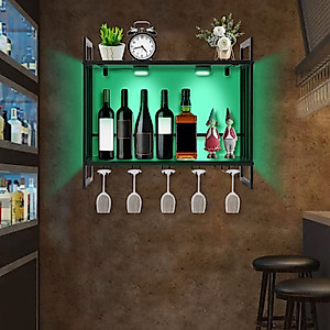 CeRaBuRET Wall Mounted LED Wine Rack, Wine Bottle Rack, Metal Hanging Wine Holder with 5 Stem Glass Holders for Storing Wine Bottles, 23.6 * 7.87 * 21.26inch