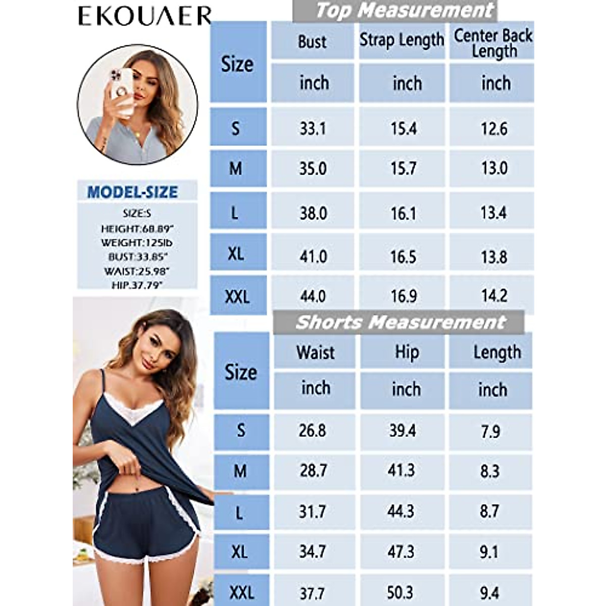 Ekouaer Pj Set for Women Cami Shorts Pajamas Soft Bridal Lingerie Sleepwear Lace Trim Nightwear Galentine day