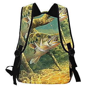 Aao-S745 Bass Fish Fishing Backpacks For School Laptop Bookbag Student College Casual Travel Hiking Daypack Girls Kids Schoolbag Black One Size