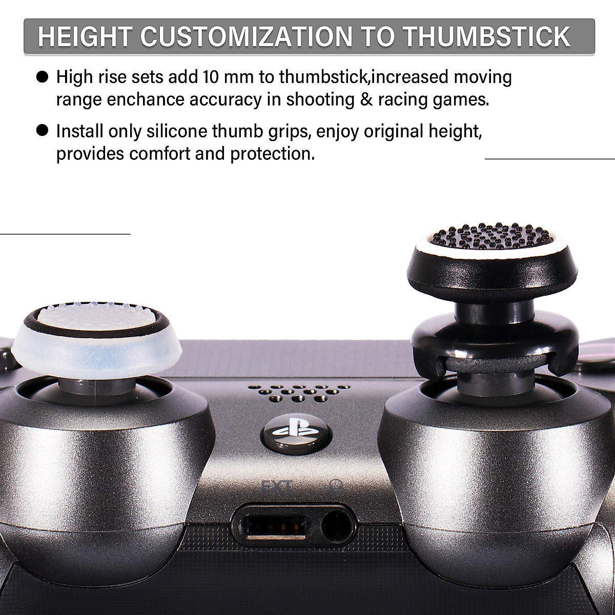 Playrealm FPS Thumbstick Extender & Printing Rubber Silicone Grip Cover 2 Sets for PS5 Dualsenese & PS4 Controller (Black+Clear)