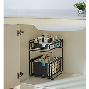 DCIGNA Stackable 2-Tie Under Sink Cabinets Organizer With Sliding Storage Drawer, Under Sink Organizer, Pull Out Cabinets Organizer Shelf, Sliding Basket Organizer Drawer For Kitchen, Bathroom, Office