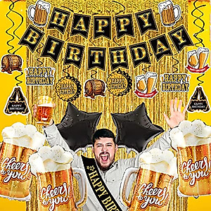 happy birthday decorations for men women - (61pcs) black and gold party decorations Banner, Sign Latex Balloon,Fringe Curtains and cheers to you Foil Balloons,Hanging Swirl,photo props,birthday sash
