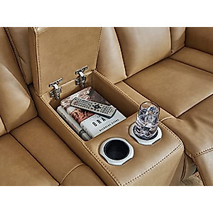 Signature Design by Ashley Card Player Contemporary Faux Leather Tufted Power Reclining Loveseat with Control and Adjustable Headrest, Light Brown