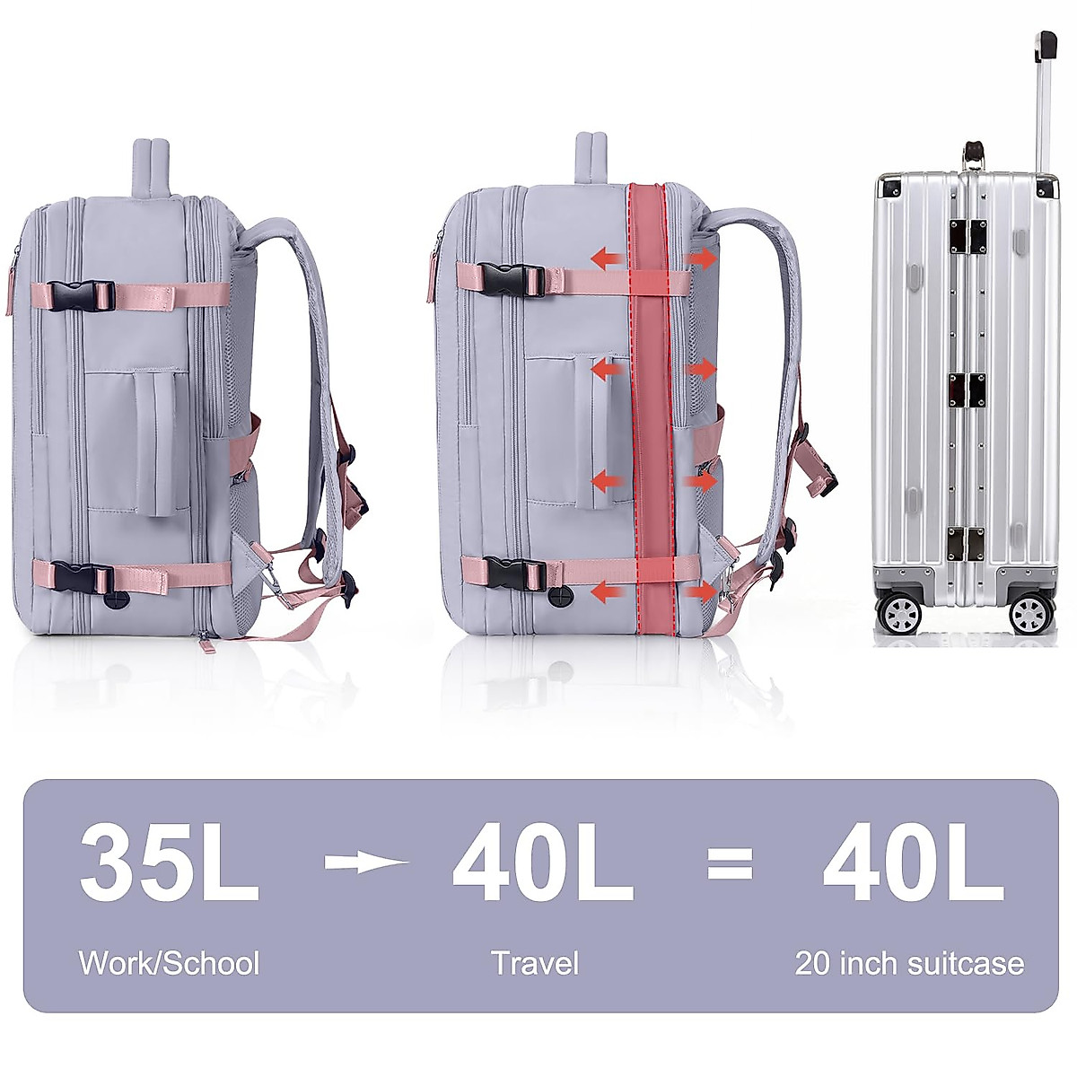 Hanples Extra Large Travel Backpack for Women as Person Item Flight Approved, Waterproof 40L Carry On Backpack, 17 Inch Laptop Backpack For Hiking Casual Bag (Gray Purple)