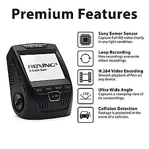 Rexing V1 Basic Dash Cam 1080P FHD DVR Car Driving Recorder, 2.4" LCD Screen 170°Wide Angle, G-Sensor, WDR, Parking Monitor, Loop Recording
