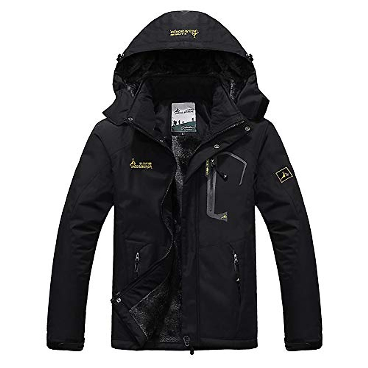 TREKEK Men's Winter Ski Rain Warm Fleece Waterproof Outdoor Mountain Hiking Windbreaker Hooded Snow Coat, Black, X-Large