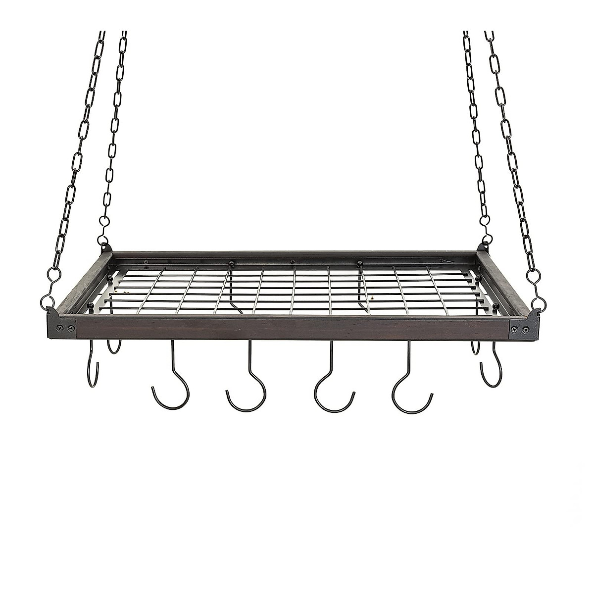 SODUKU Pot Pan Rack with Shelf Grid, Ceiling Mounted Hanging Multi-Purpose Wood & Metal Cookware Hanger Organizer Kitchen Storage with 10 Hooks Espresso