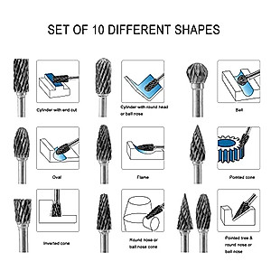 Yoption 10Pcs Double Cut Tungsten Carbide Rotary Burrs Set, with 3mm (1/8 Inch) and 6 mm (1/4 Inch) Head for Wood & Stone Working, Drilling, Steel Metal Carving, Polishing, Engraving