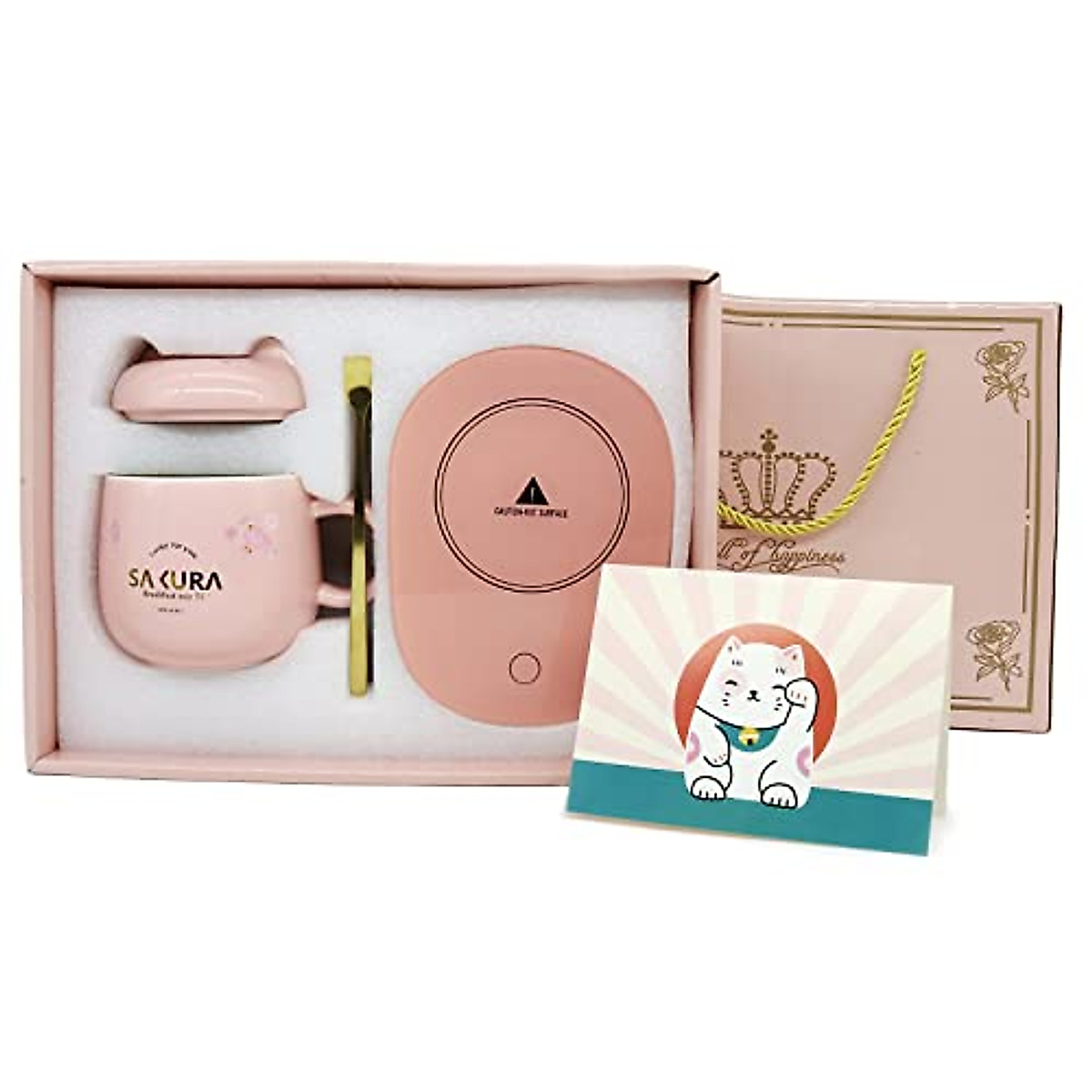 Coffee Warmer with Mug Set,Cute Cat Mug Set Beverage Cup Warmer for Desk Kawaii Mug Birthday Gifts for Women Smart Coffee Mug Warmer Candle Warmer Plate Sister Best Birthday Gift Boxes for Women Pink