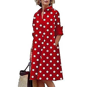 L Red Polka Dots Women's Casual Shirt Dress Shirt Collar Long Sleeve Shift Midi Dresses Fashion Office Daily Loose Print Dress with Pockets