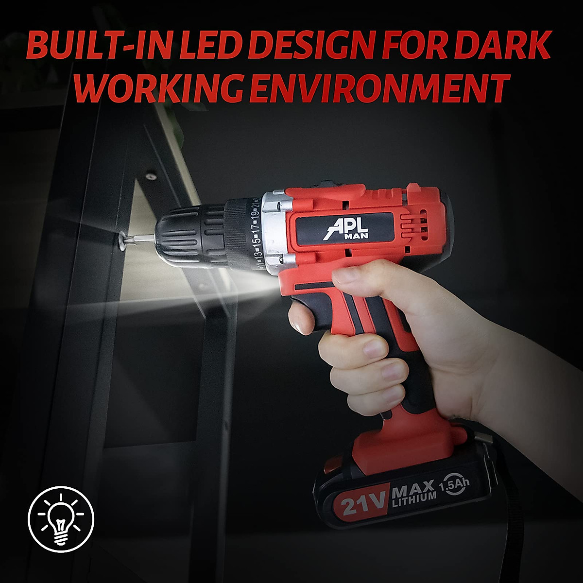 APLMAN Cordless Drill 21V with with Battery Electric Drill Kit 26pcs Accessories 3/8" Drill set All-Metal Chuck 25+1 Torque Setting,2 Variable Speed and LED
