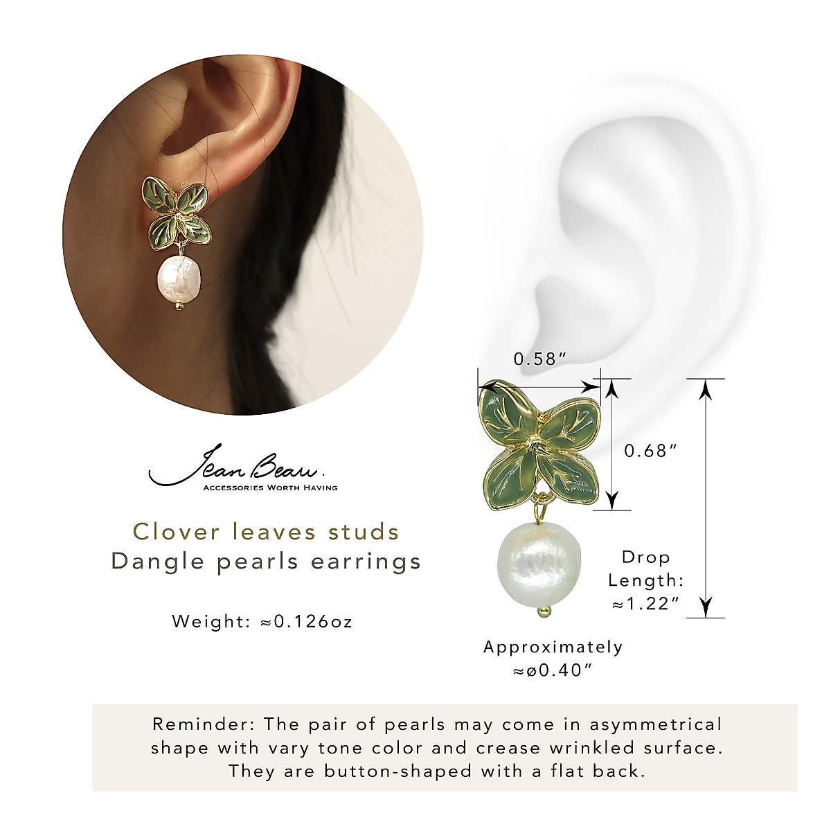 JeanBeau Enamel Green Four Leaf Stud Pearl Dangle Earrings for women Cute Dainty Wrinkled Kasumi White Freshwater Pearl Drop Dangling Spring Formal Jewelry Gift