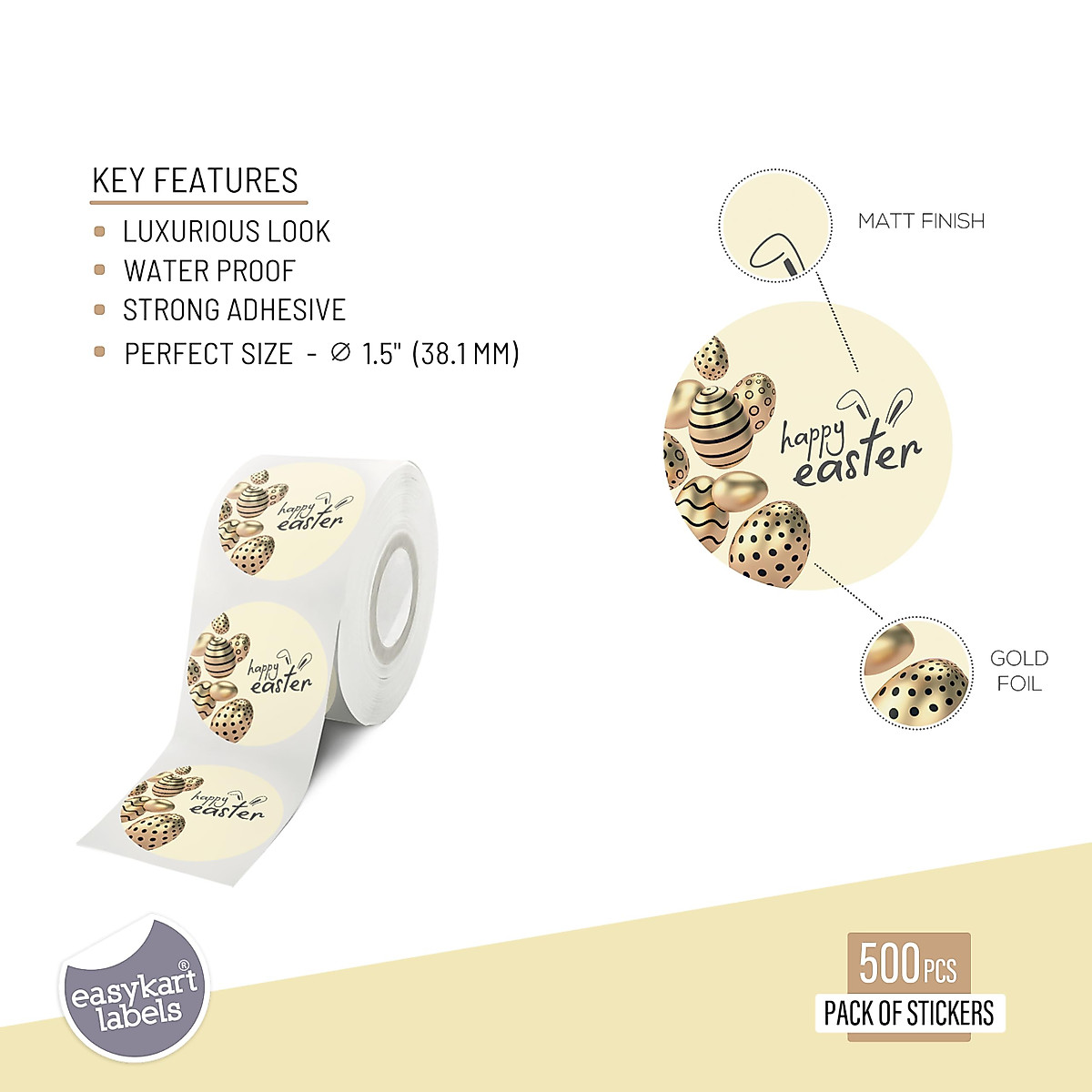 Easykart Happy Easter Stickers with Gold Foil Easter Egg | 1.5 Inch , 500 PCs